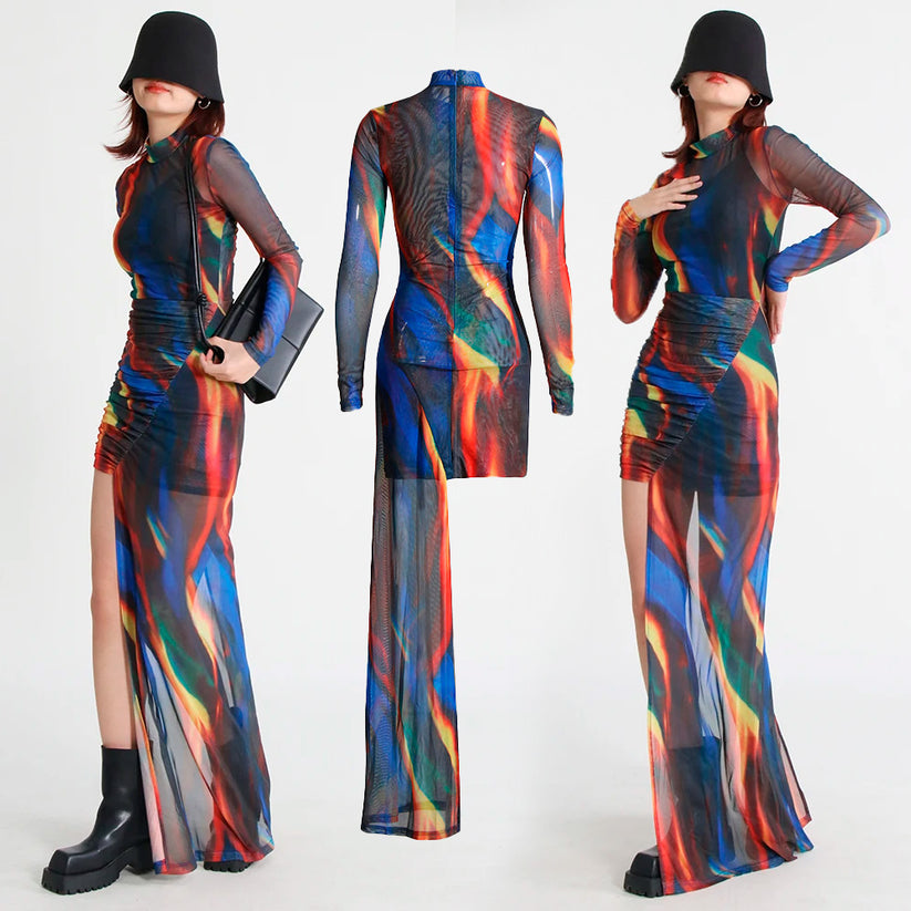 MULTI COLOR MINI DRESS with SIDE TRAIN – El Merrist Store